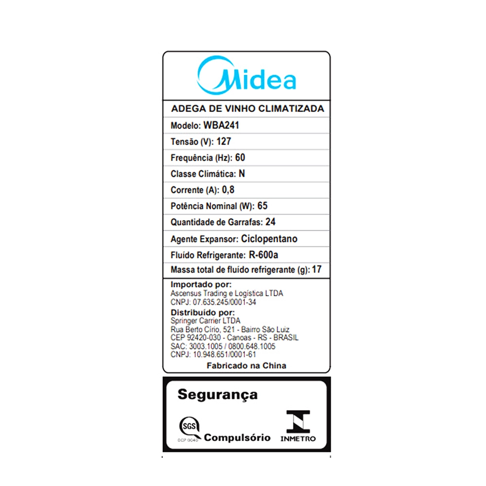 Adega Climatizada Compressor Midea Wbb241 24 Garrafas 60hz 127v | FID Comex