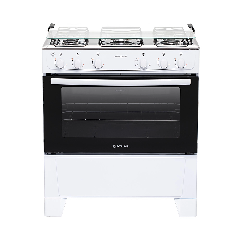 Fogão Atlas 5 Bocas Mônaco Plus com Mesa Inox e Acendimento Automático Branco Bivolt | FID Comex